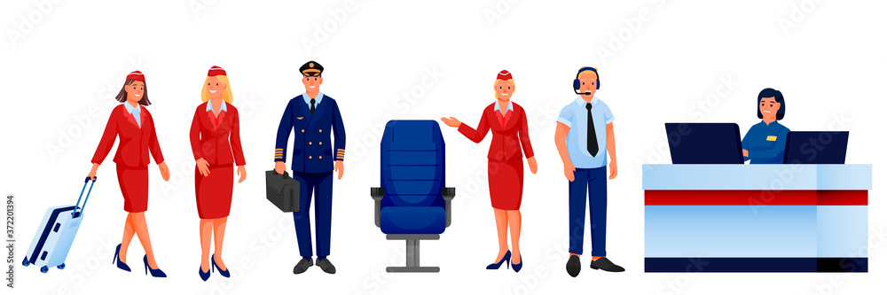 Airline airport staff team vector illustration. Pilot stewardess ...