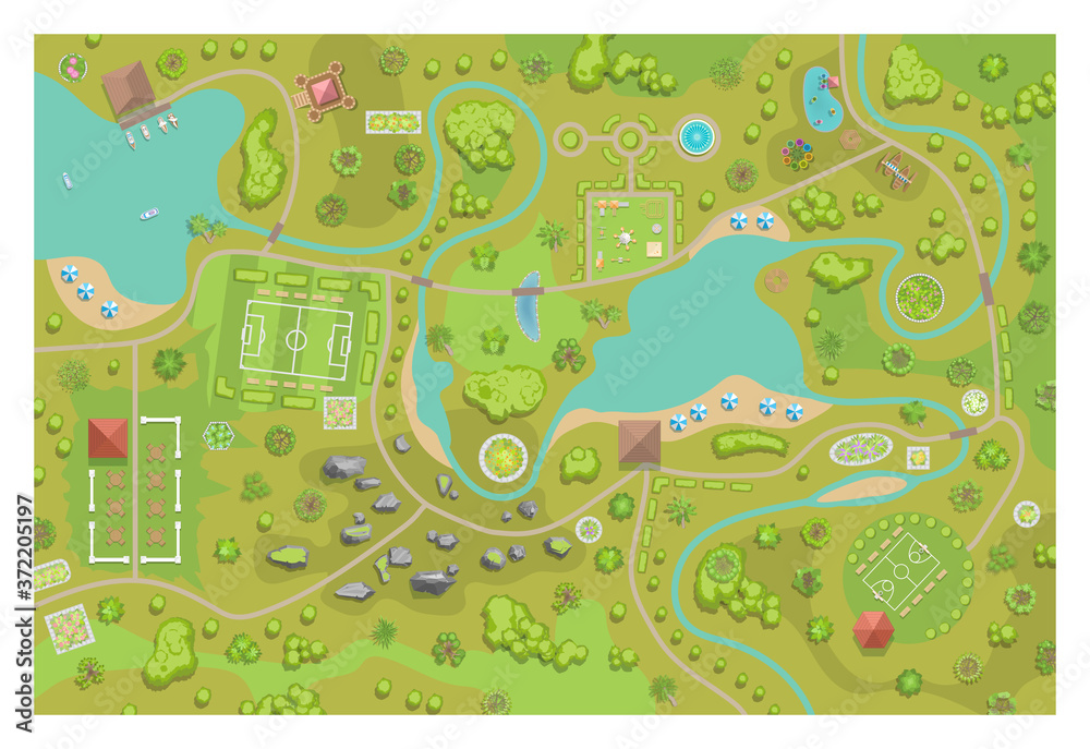 A vector illustration of amusement park map. (Top view) Attractions ...