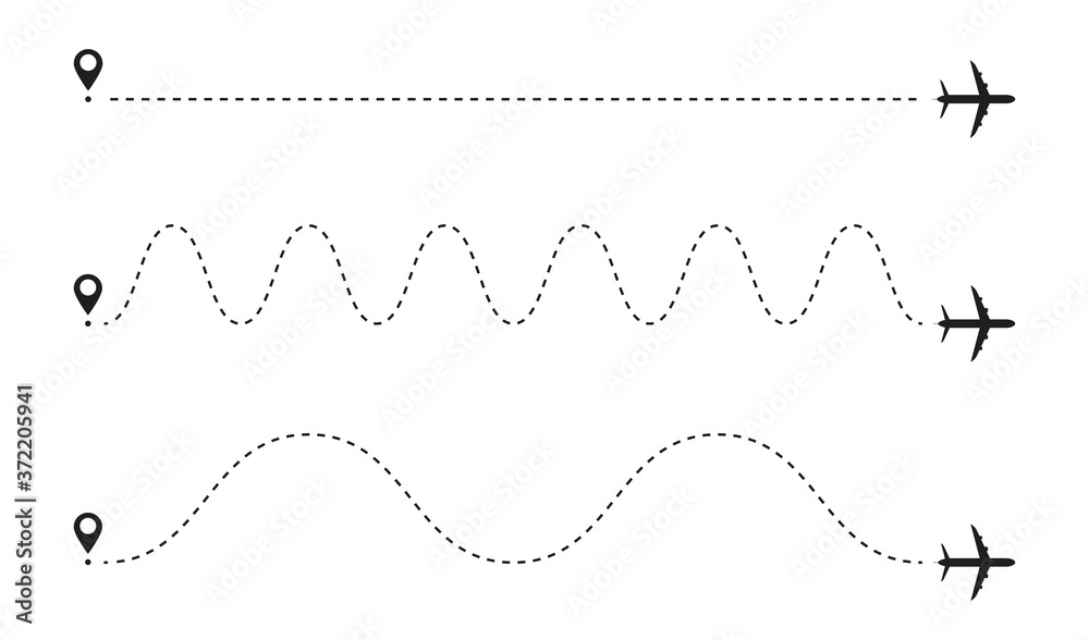 Airplane line path in dotted and dashed line. Route of plane with ...