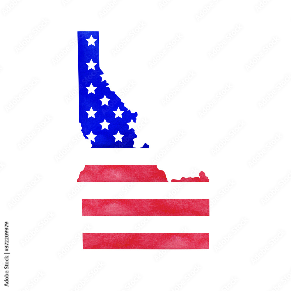 Watercolor hand drawn illustration of Idaho state map with USA flag ...