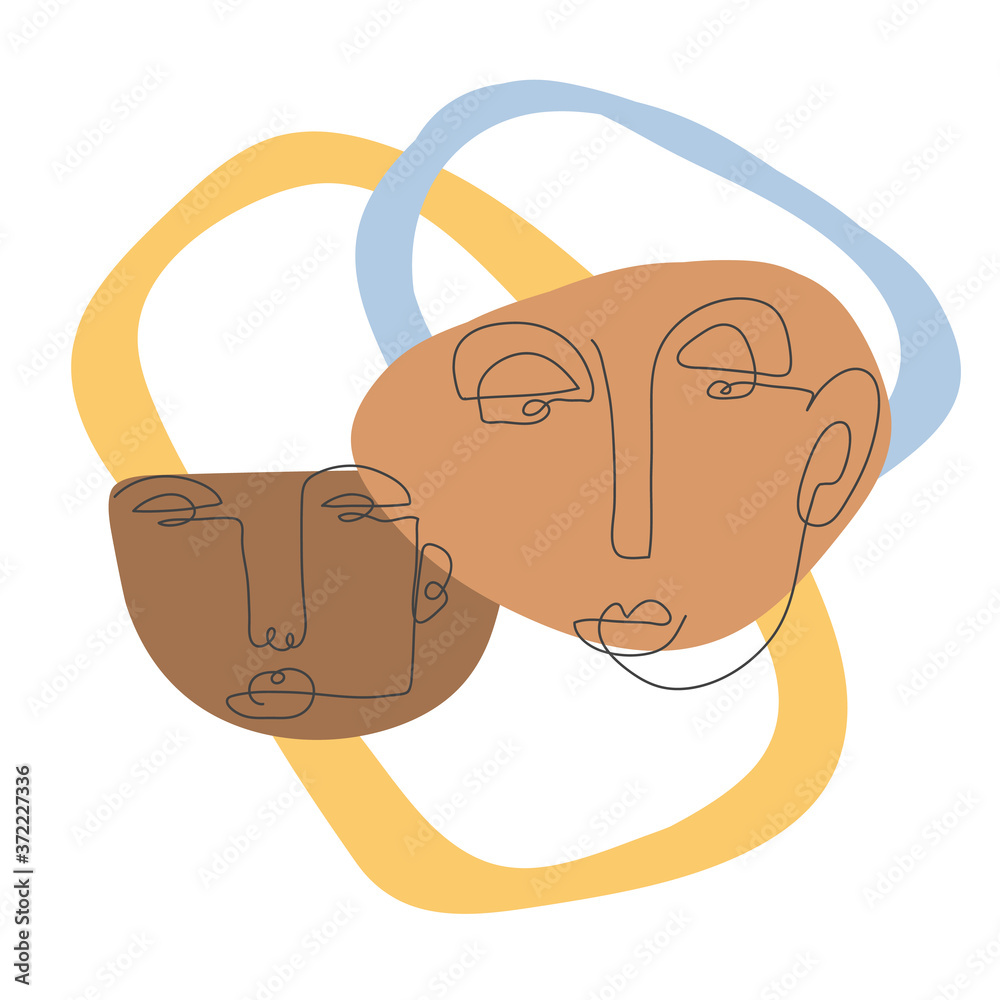 Modern poster with linear abstract faces. Continuous line art. One line ...