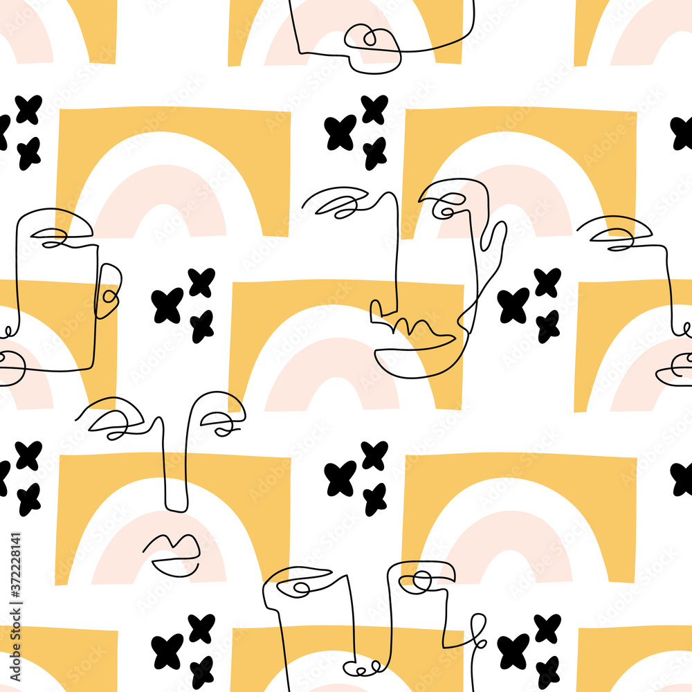 One line drawing abstract face seamless pattern. Modern minimalism art ...