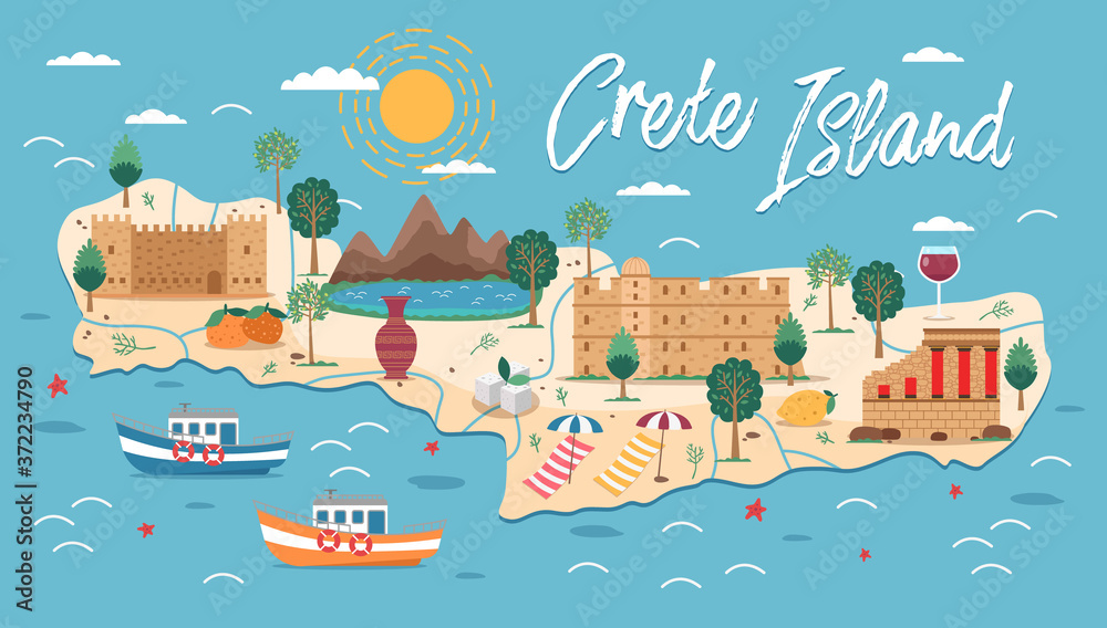 Crete island map with architecture illustration. Crete famous landmarks ...