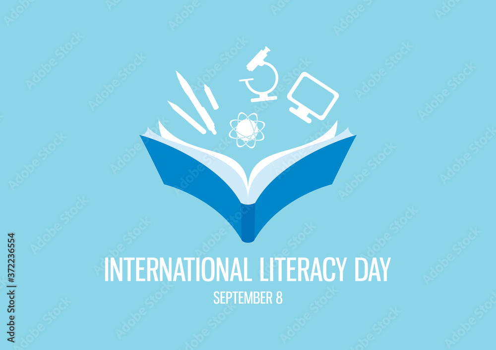 International Literacy Day vector. Open book with knowledge icons ...
