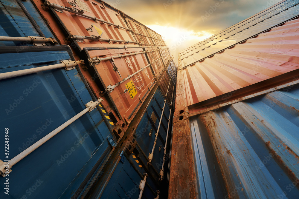 abstract box container perspective with sun light rays background Stock ...