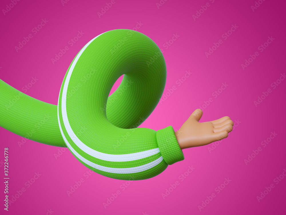 3d render, funny cartoon character flexible spiral hand in green sleeve ...