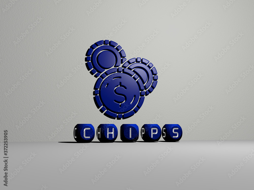 CHIPS 3D icon on the wall and text of cubic alphabets on the floor, 3D ...