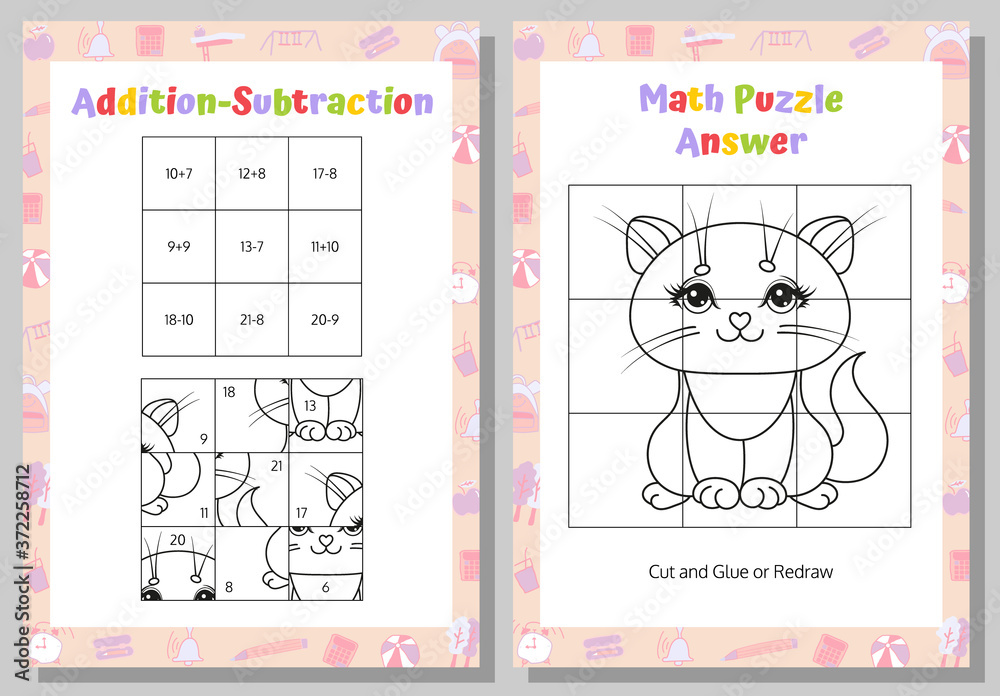 Addition, Subtraction Math Puzzle Worksheet. Educational Game ...