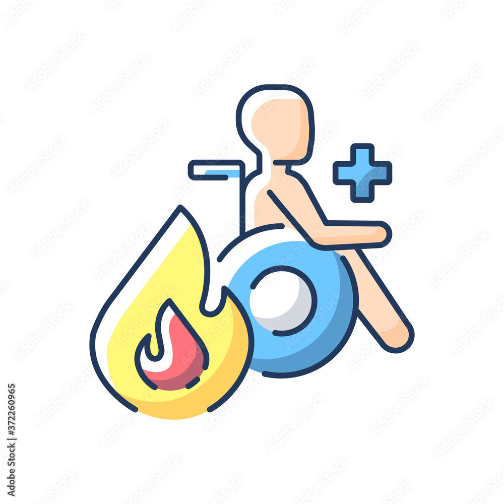 Burn center RGB color icon. Burn unit. Patient with burns treatment and ...