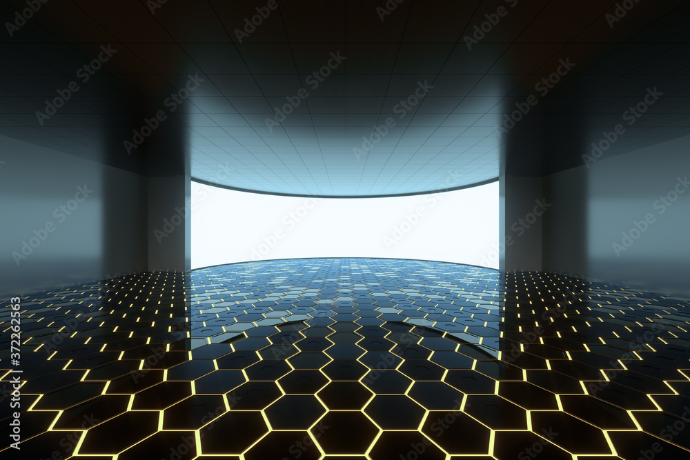 Empty round room with glowing white screen, 3d rendering. Stock ...
