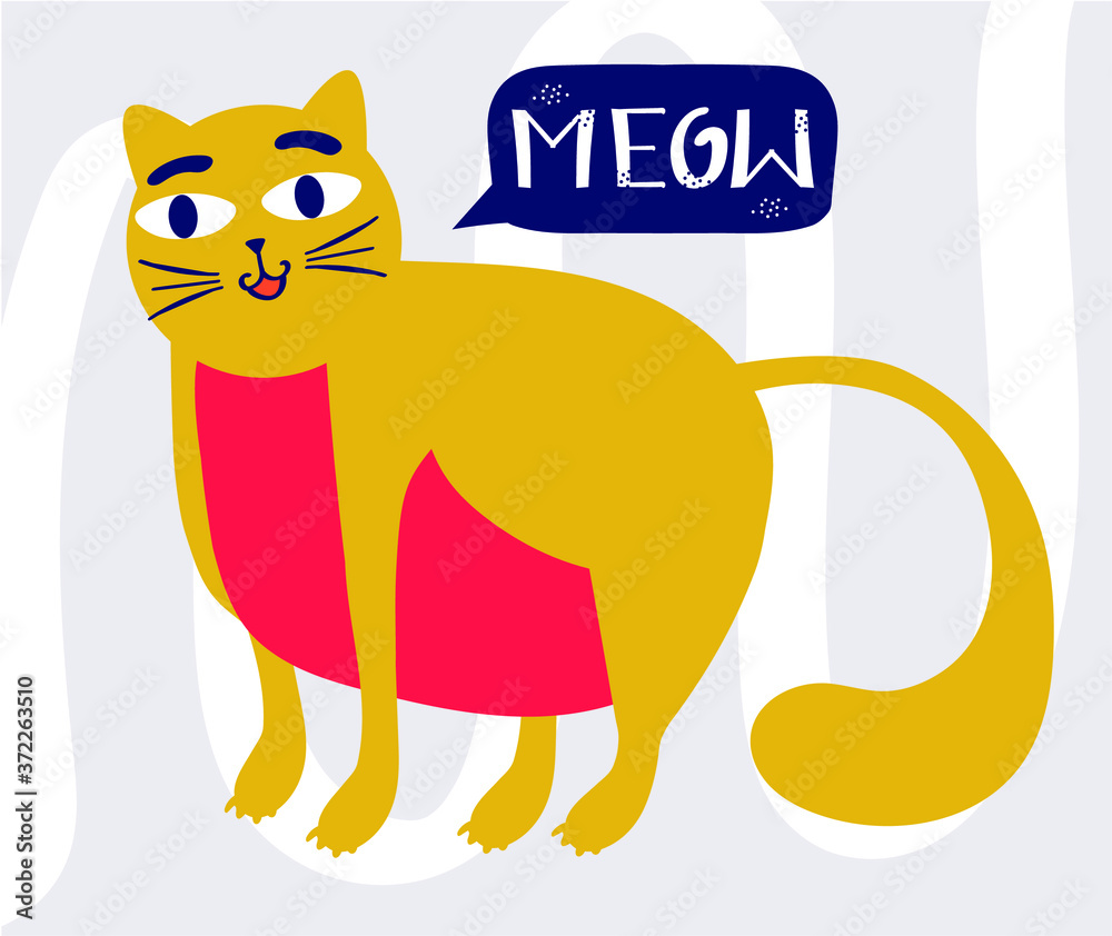 Vecteur Stock Cat says meow. Cute cartoon yellow kitten with red belly ...