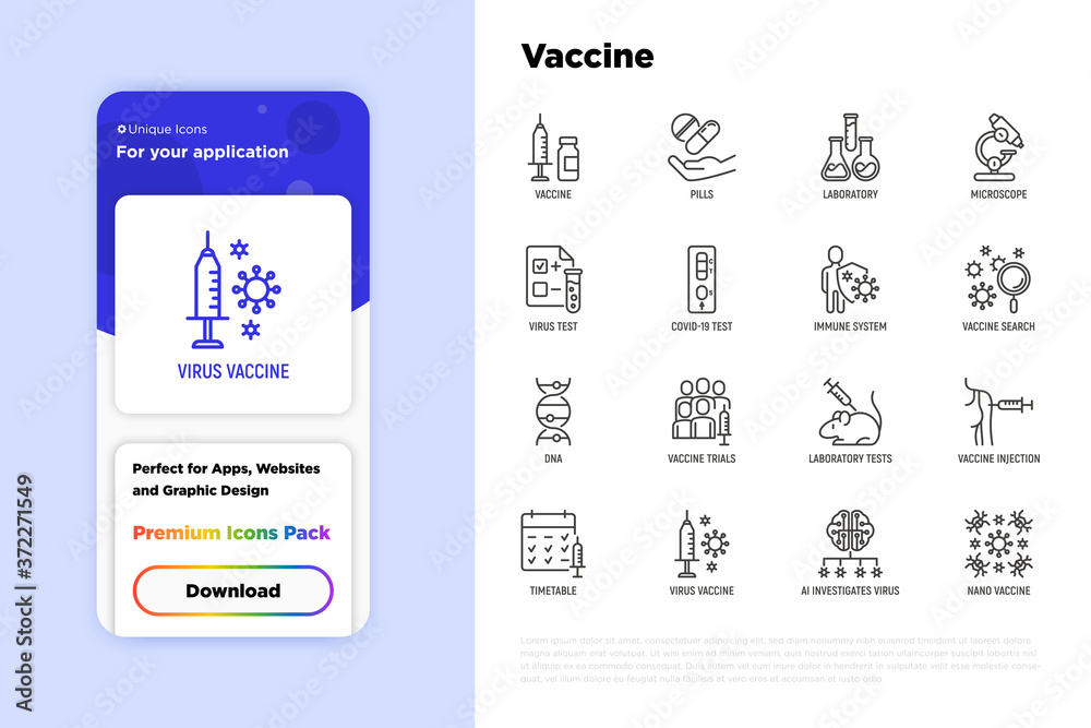 Vaccine thin line icons set: syringe and ampoule, laboratory test ...