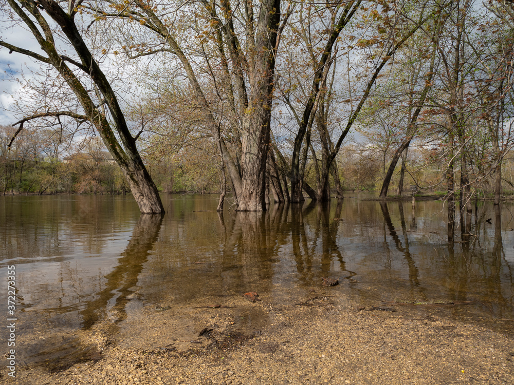 Flood waters of an overflowing river after heavy rain Stock Photo ...