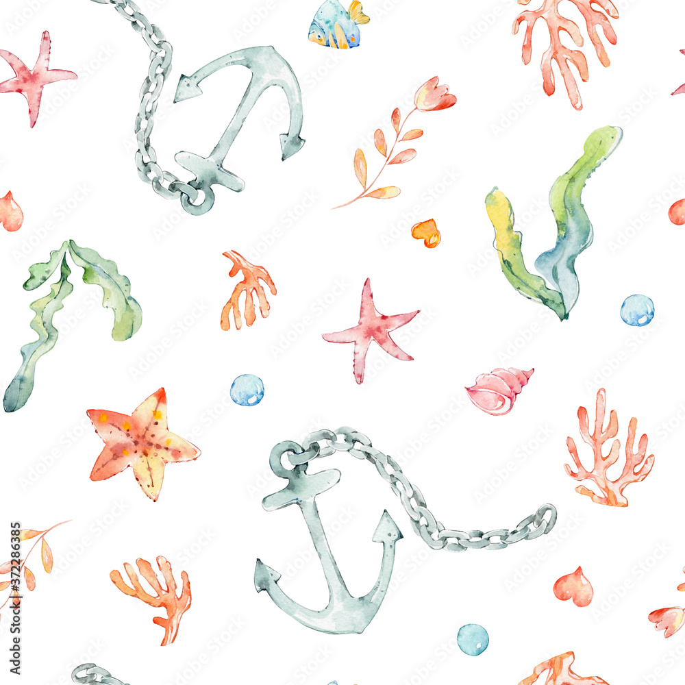 Cartoon cute hand drawn sea life seamless pattern. Hand-drawn ...