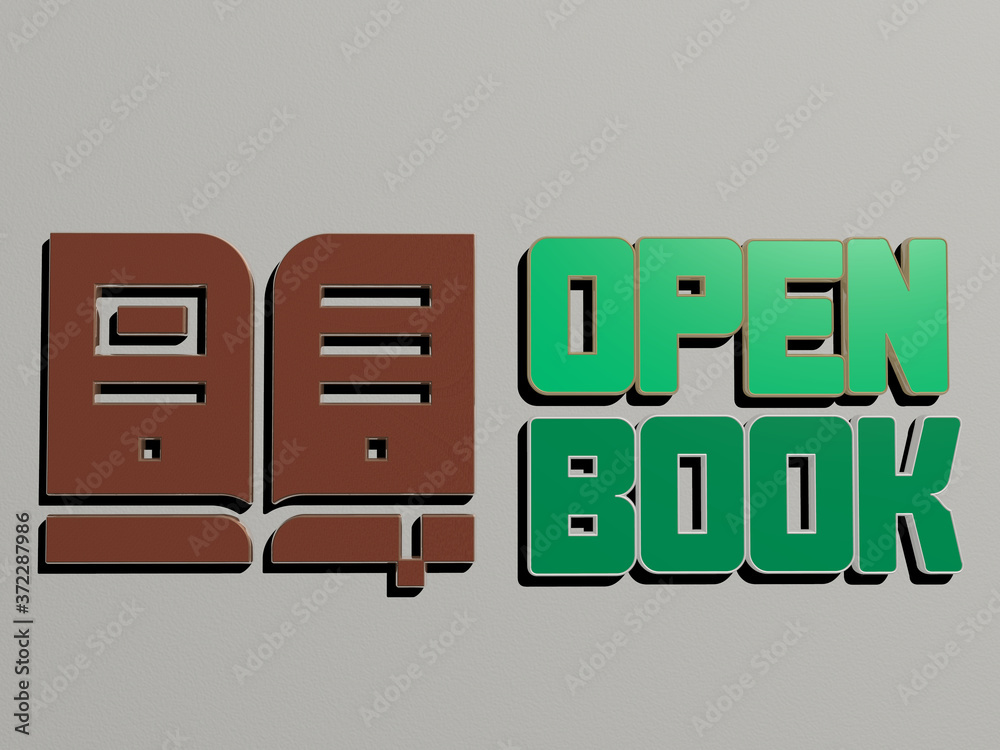 open book icon and text on the wall, 3D illustration for background and ...