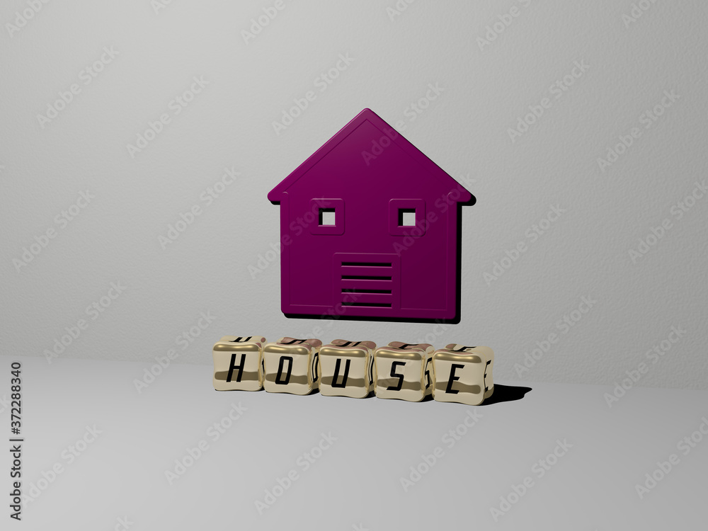 HOUSE 3D icon on the wall and cubic letters on the floor, 3D ...