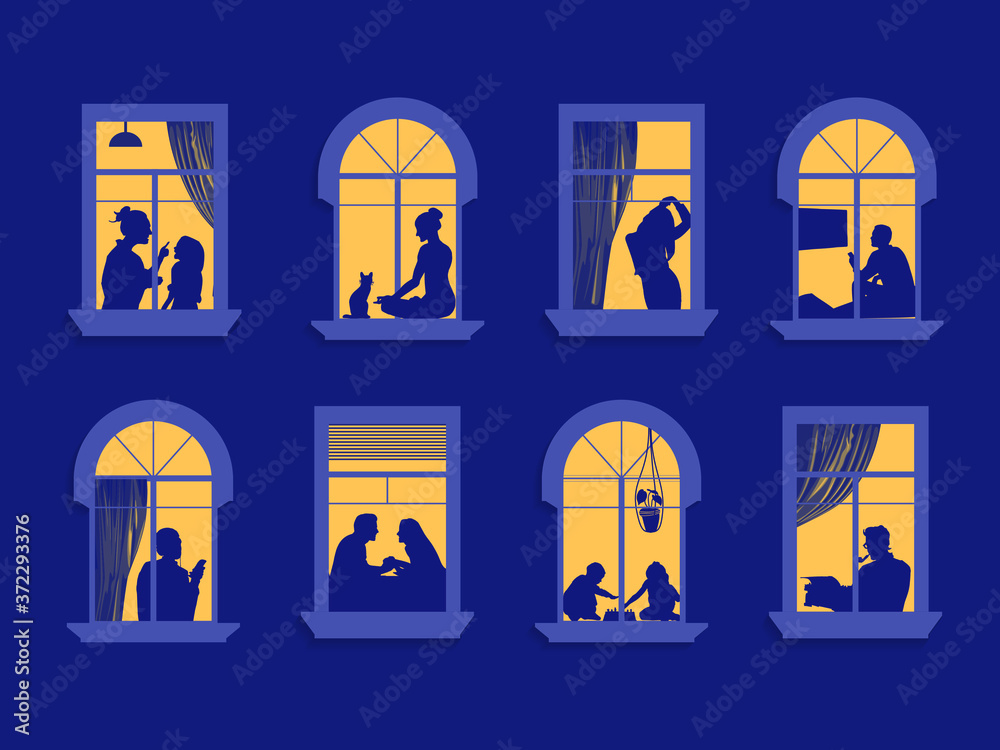 Neighbors in the windows. Cartoon characters in their apartment listen ...