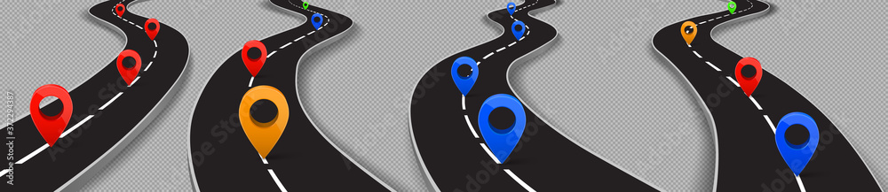 Road with gps pins, highway navigation route isolated on transparent ...