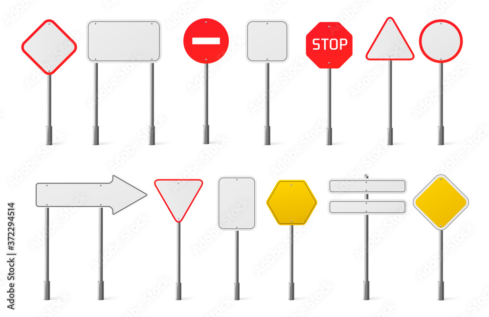 Road signs collection. Vector realistic set of blank traffic sign boards different shapes for ...
