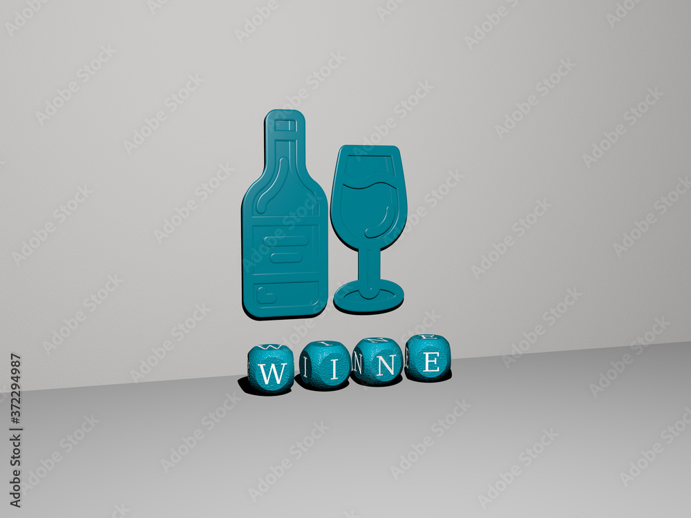WINE 3D icon on the wall and text of cubic alphabets on the floor, 3D ...