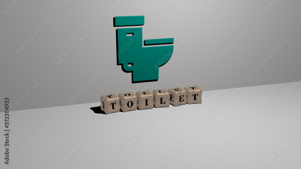 toilet 3D icon on the wall and cubic letters on the floor, 3D ...