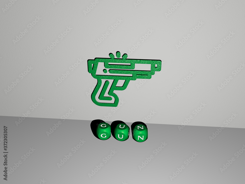 3D representation of gun with icon on the wall and text arranged by ...