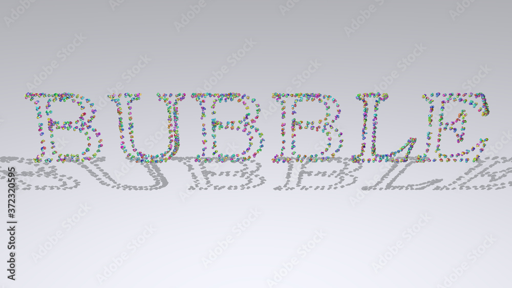 Colorful 3D writting of bubble text with small objects over a white background and matching ...