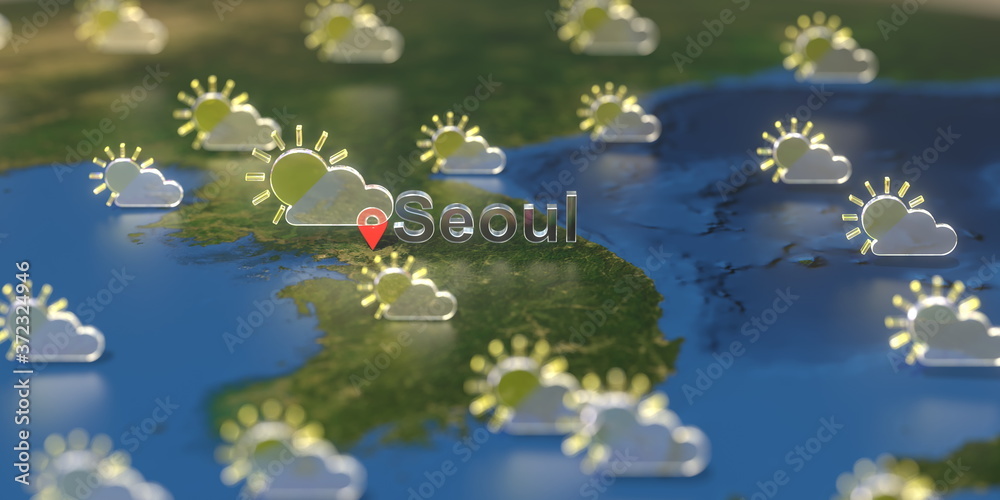 Partly cloudy weather icons near Seoul city on the map, weather ...
