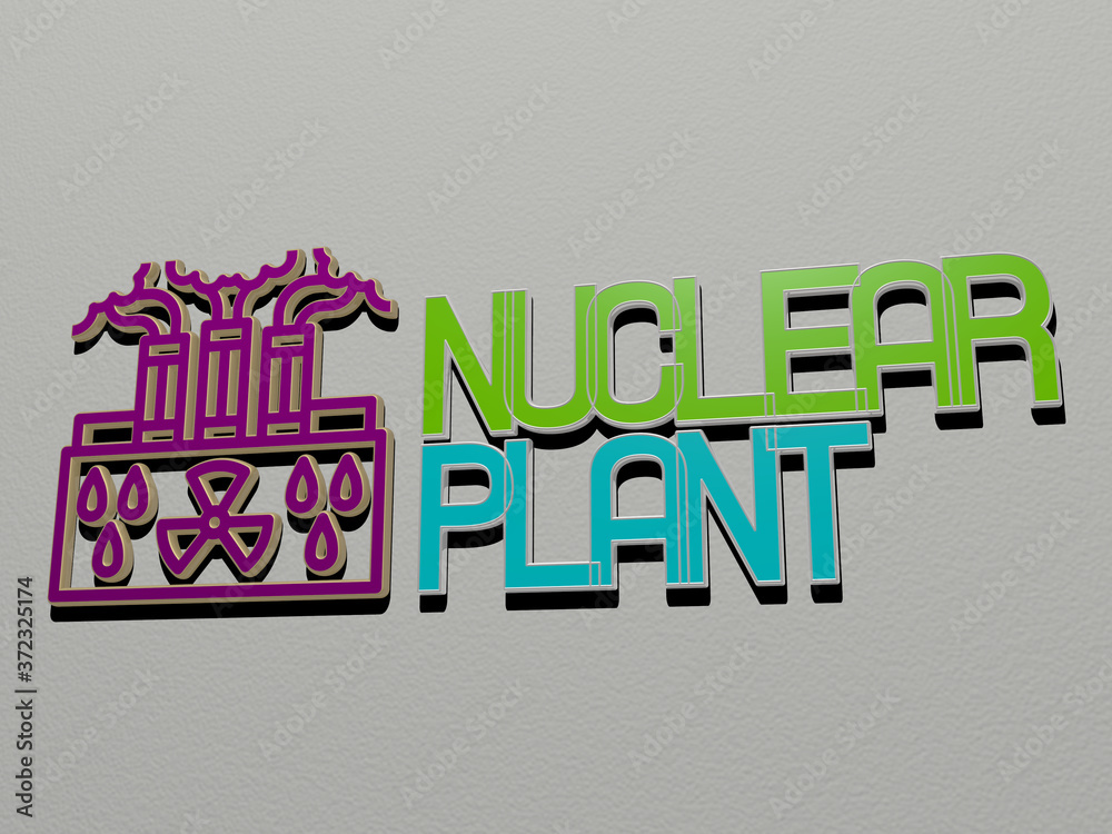3D representation of nuclear plant with icon on the wall and text ...