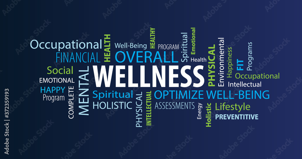 Wellness Word Cloud on a Blue Background Stock Illustration | Adobe Stock