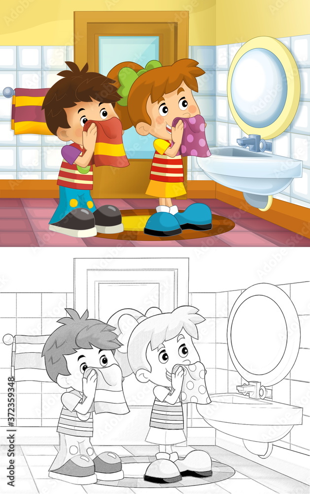 Cartoon sketch kids in the bathroom - boy and girl washing up face ...