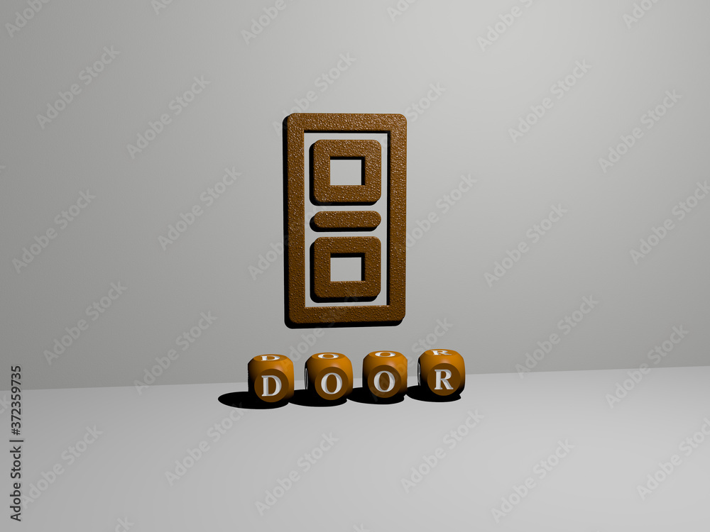 3D graphical image of door vertically along with text built by metallic ...