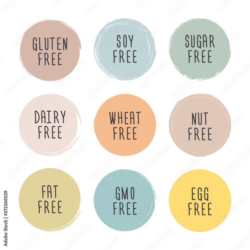 Hand drawn food dietary label set. Natural pastel color on grunge ...