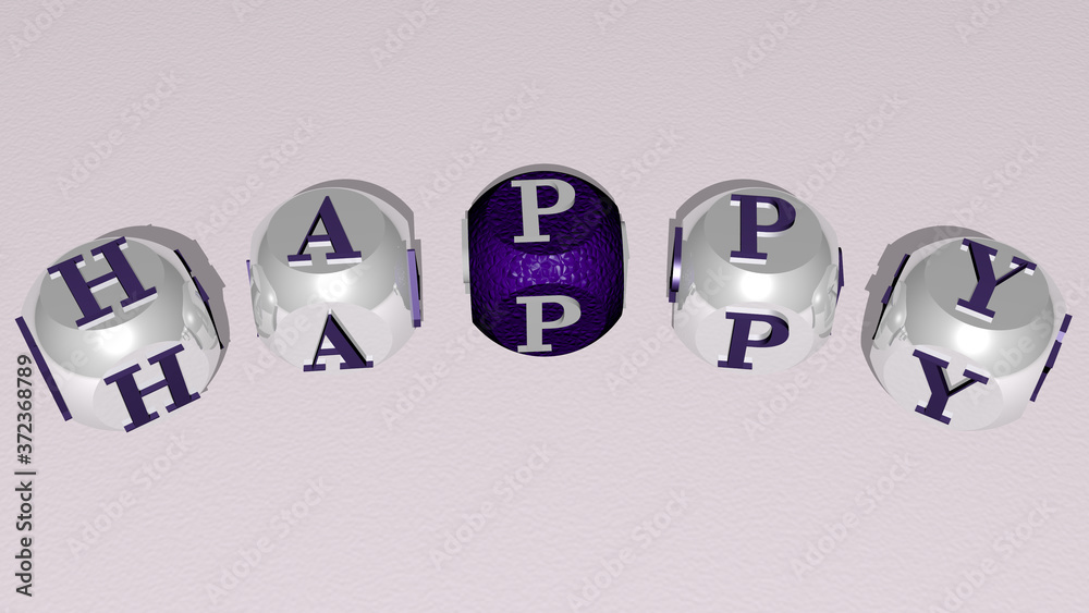 HAPPY curved text of cubic dice letters, 3D illustration for background ...