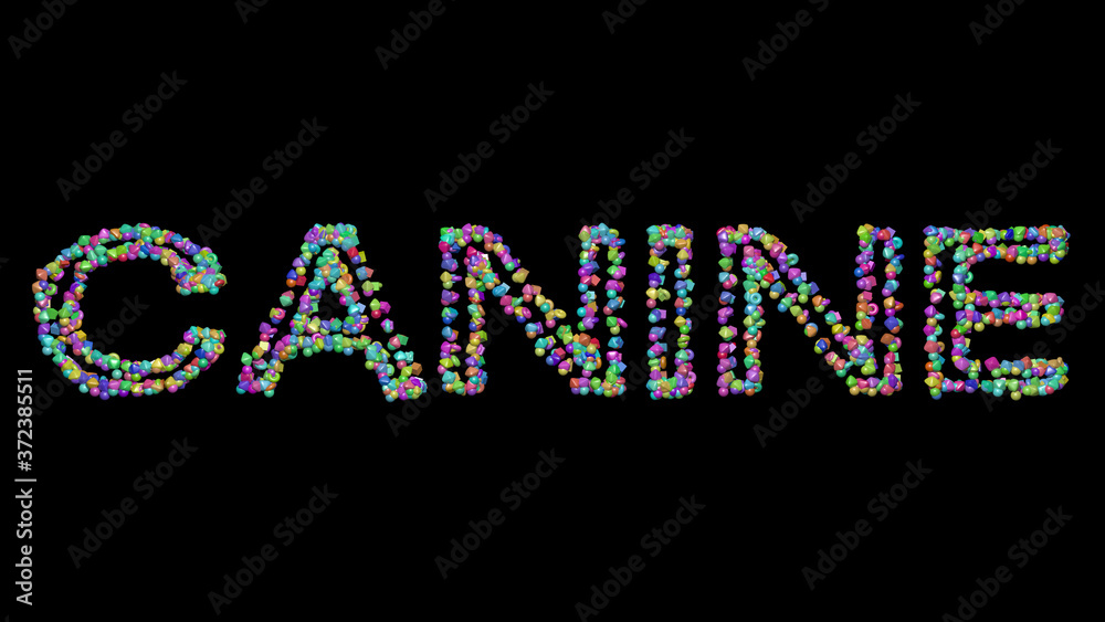 Colorful 3D writing of canine text with small objects over a dark ...