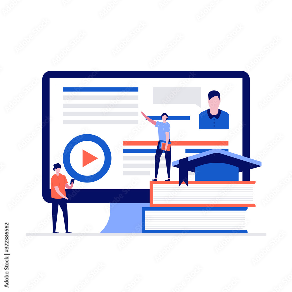 Elearning concept with characters standing near computer screen and ...