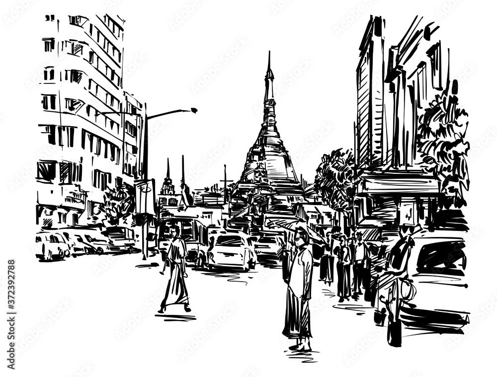 Drawing of the people are walking on street around pagoda in Yangon ...