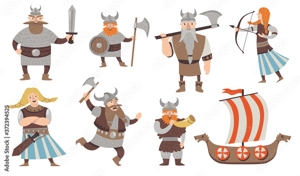 Scandinavian Vikings set. Medieval cartoon character, warriors and ...