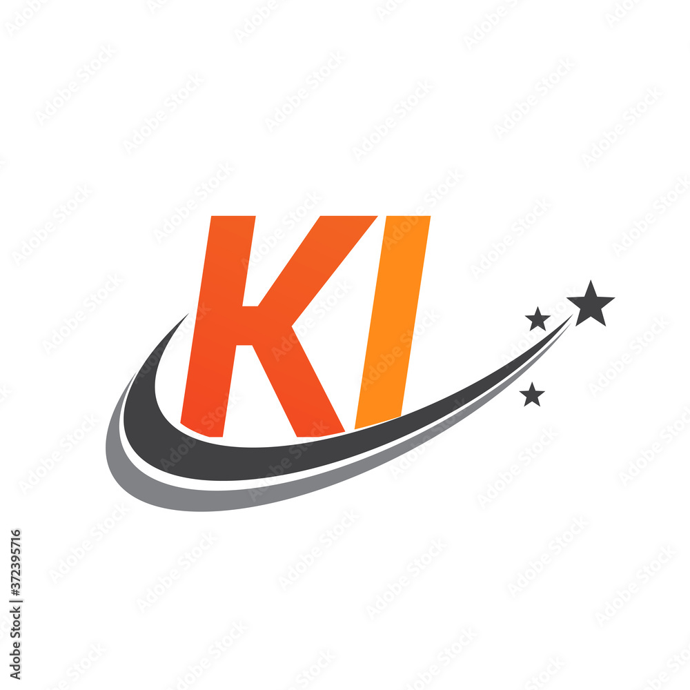 initial letter KI logotype company name colored orange and grey swoosh ...