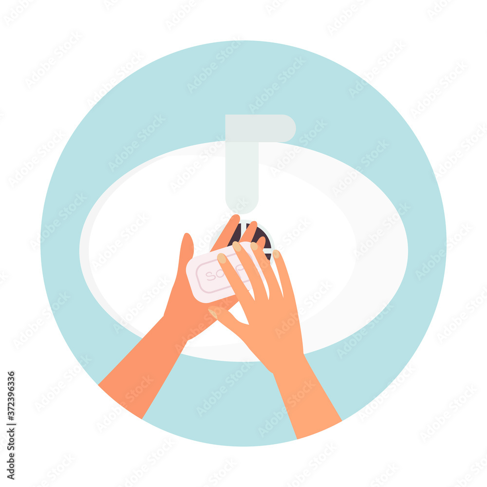 Hand washing process with soap. Flat cartoon vector illustration ...