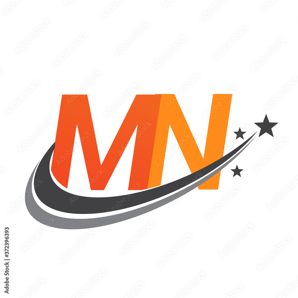 initial letter MN logotype company name colored orange and grey swoosh ...