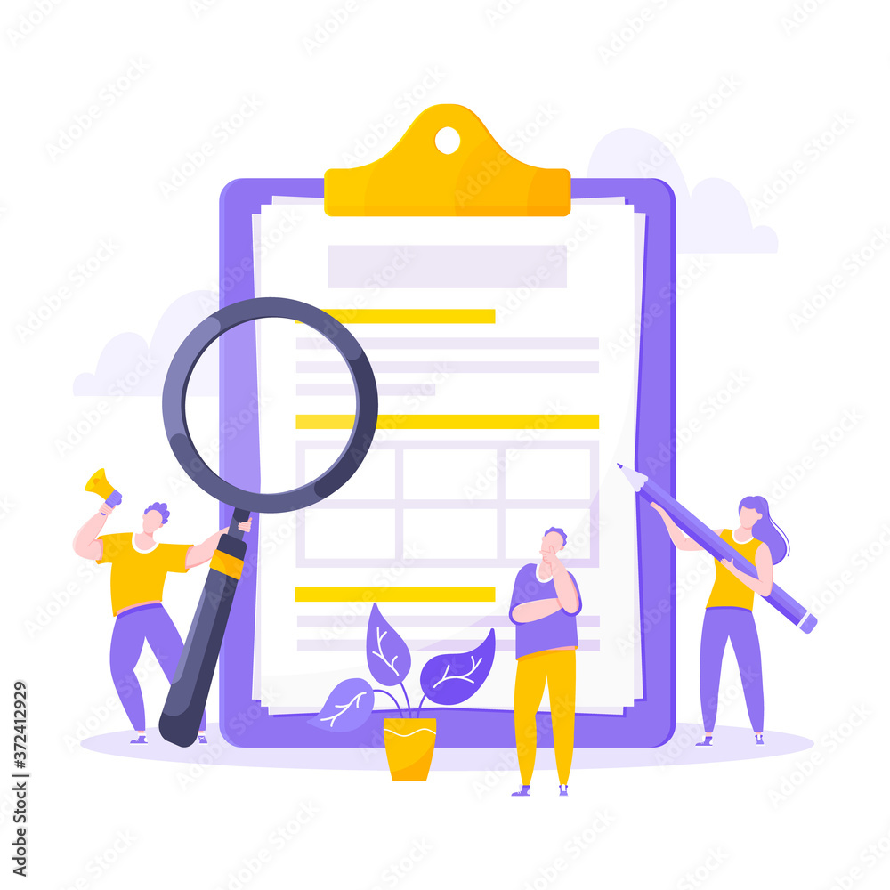 Syllabus task done concept tiny people with megaphone, magnifying glass ...