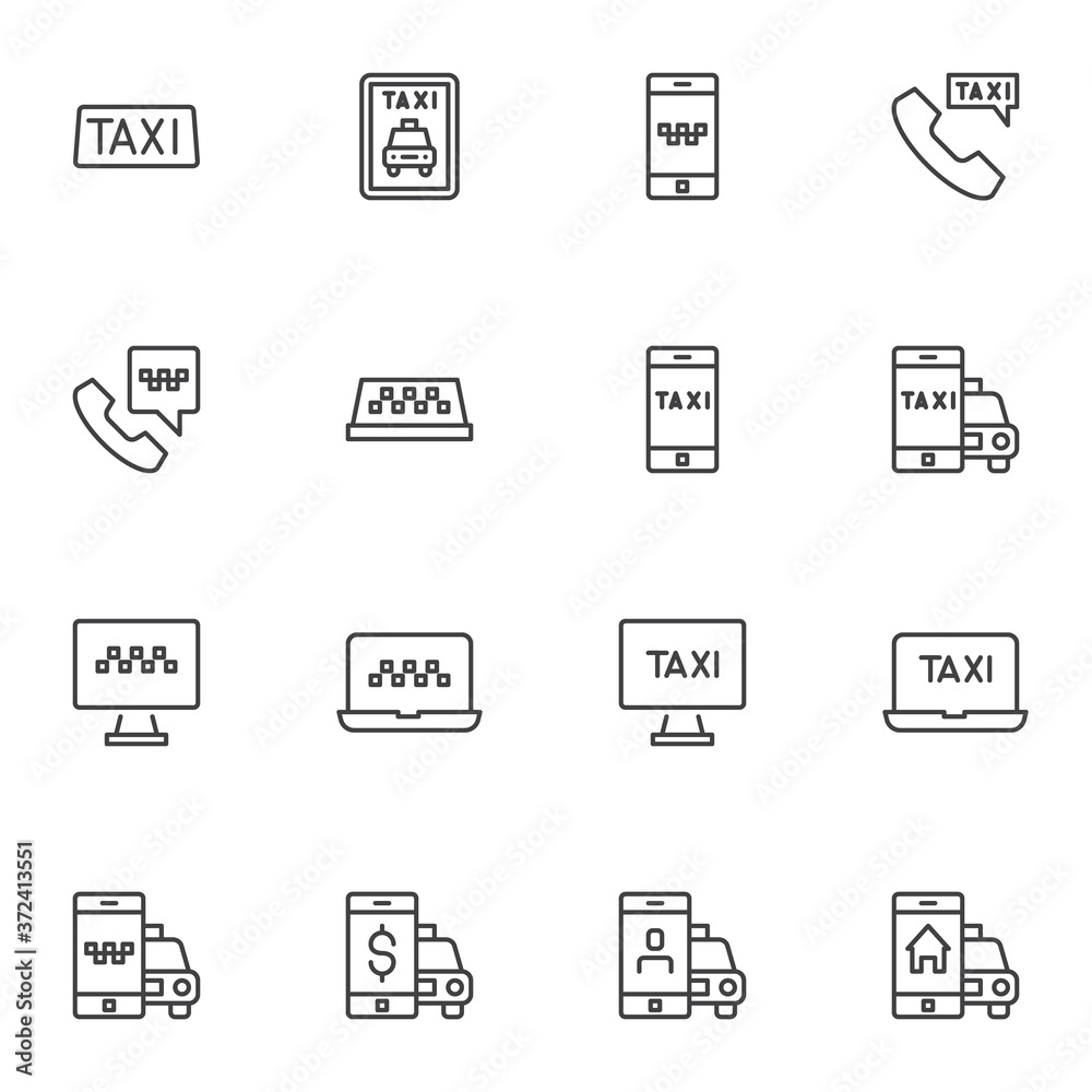 Online taxi ordering line icons set, outline vector symbol collection ...