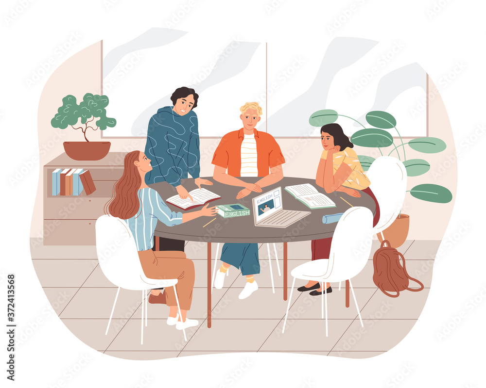 Group of students studying together. Young people sitting at the table ...