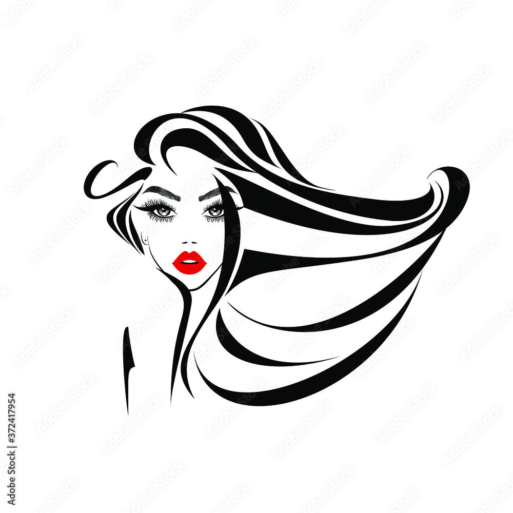 Beautiful Sexy Face Red Lips Fashion Woman Element Design Curly
