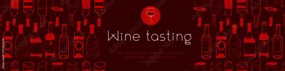 Panoramic banner template of wine tasting concept. Doodle bottles ...