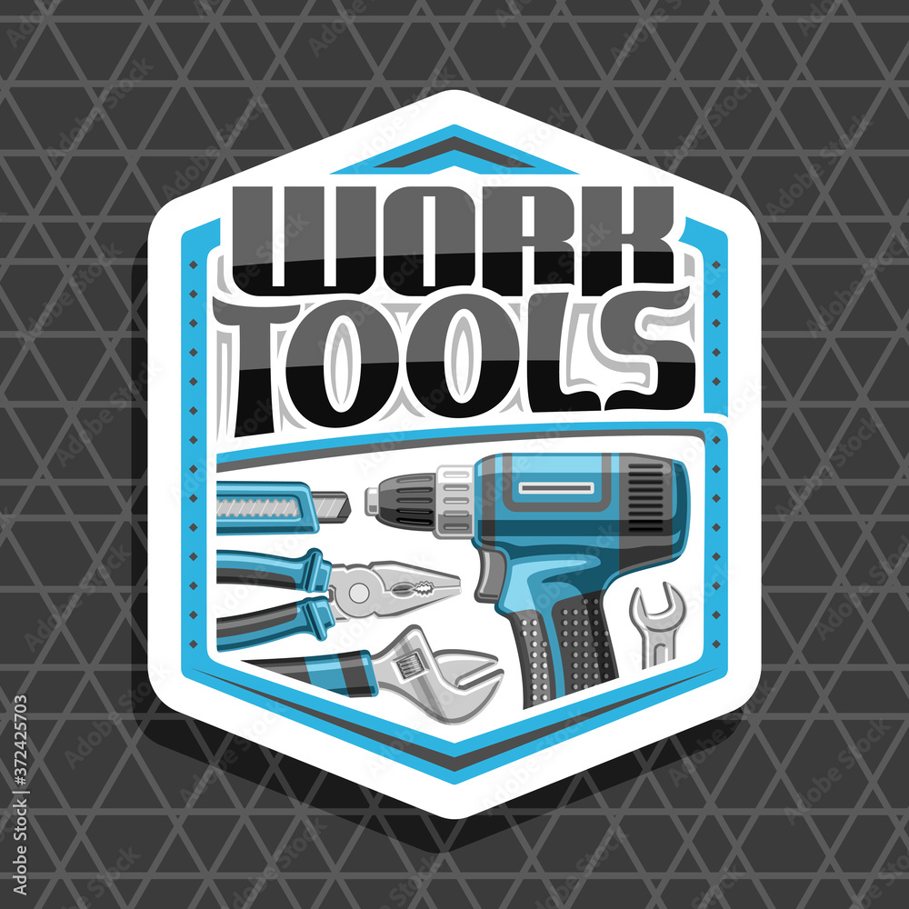Vector logo for Work Tools, white decorative badge with illustration of ...