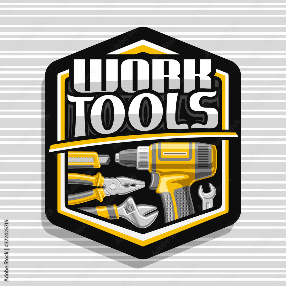 Vector logo for Work Tools, black decorative badge with illustration of ...
