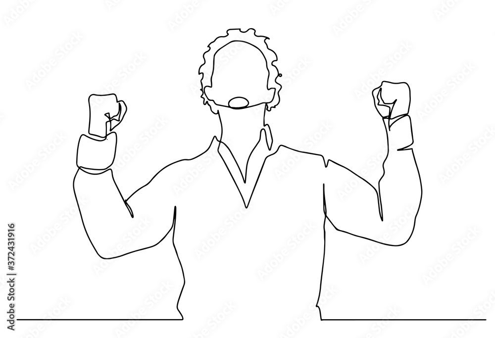 continuous line drawing of cheering man holding fists. Happy young man ...