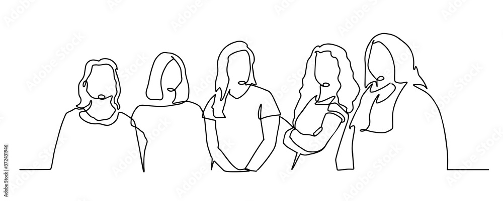 Groep jonge vrouwen die samen staan - één lijntekening, vrienden die ...